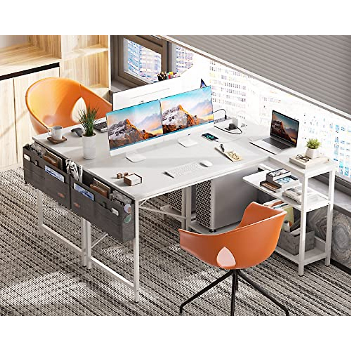 ODK 48 Inch Small L Shaped Gaming White Computer Desk with Power Outlets, Corner Desk with Reversible Storage Shelves & PC Stand for Small Space Home Office, Modern Simple Writing Table, White