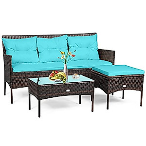 RELAX4LIFE 3 Pieces Patio Furniture Sectional Set, Rattan Wicker Conversation Set W/ 5 Cozy Seat & Back Cushions, Tempered Glass Coffee Table for Poolside, Backyard Outdoor Furniture (Turquoise)