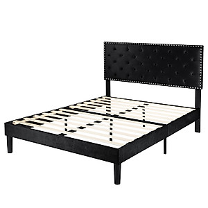 Allewie Full Size Velvet Upholstered Platform Bed Frame with Adjustable Diamond Button Tufted and Nailhead Trim Headboard, Wood Slat Support, Easy Assembly, No Box Spring Needed, Black