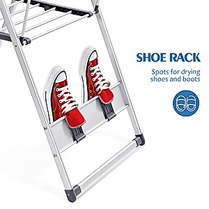 TOOLF Clothes Drying Rack, Aluminum Foldable 2-Level Drying Racks for Laundry, Large Foldable Laundry Stand with Height-Adjustable Gullwings, Sock Clips Hooks for Bed Linen, Clothing, Socks, Scarves