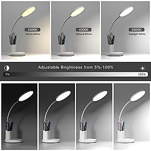 Vicsoon Desk Lamp, LED Desk Lamp for Home Office, Touch Table Lamp with 3 Color Modes 360° Adjustable Arm, Dimmable Desk Light with Pen Phone Holder, White