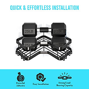 Modern Corner Caddy Stainless Steel Shelf for Shower, Adhesive Backing, 𝟵𝟬 𝗗egree Corner Shower Organizer Set with Soap Holder & Adjustable Hooks, Storage Shelves for Clutter-Free Washroom- Black