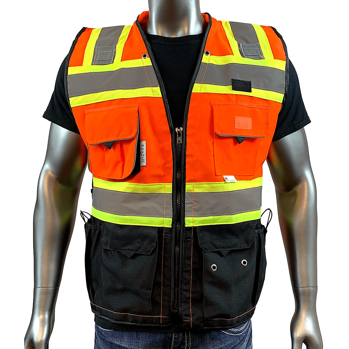 REXZUS (C Vest Mens Class 2 Black Series Safety Vest With Zipper and Utility Pockets Premium Black Series Surveyors Vest (Medium, Orange/Black)