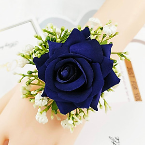 MAFELOE 2Pcs of Wrist Corsage and Boutonniere Set, Artificial Flowers Accessories Suit Decor for Wedding Prom Party Homecoming Ceremony Anniversary - Navy Blue