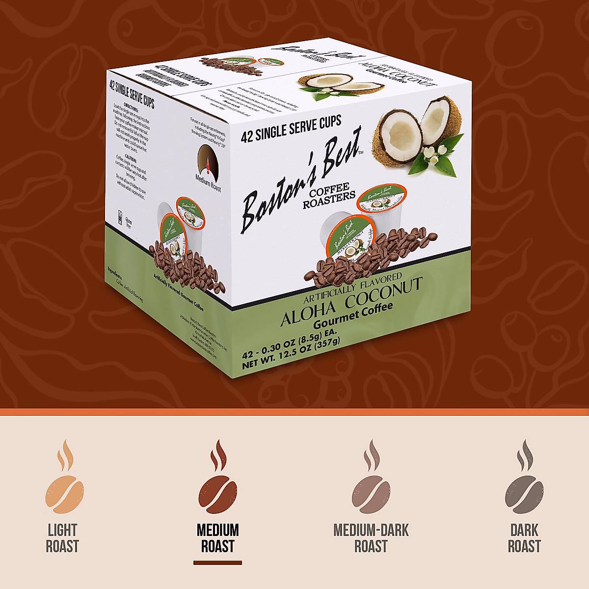 Boston’s Best Gourmet Coffee – Aloha Coconut Flavored Coffee – Medium Roast – Single Serve Coffee Pods, Compatible with Keurig Brewers – 42 Pods