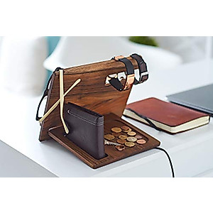 TESLYAR Natural Walnut Wood Phone Docking Station Hooks Key Holder Wallet Stand Watch Organizer Men Husband Anniversary Birthday Nightstand Purse Father Graduation Male Idea Gadgets Solid