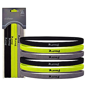 Athlé Skinny Headbands for Women and Men - 6 Pack - Elastic Headbands for Women and Men - Non Slip Silicone Grip - Lightweight and Comfortable Thin Headbands - Black, Green, Grey