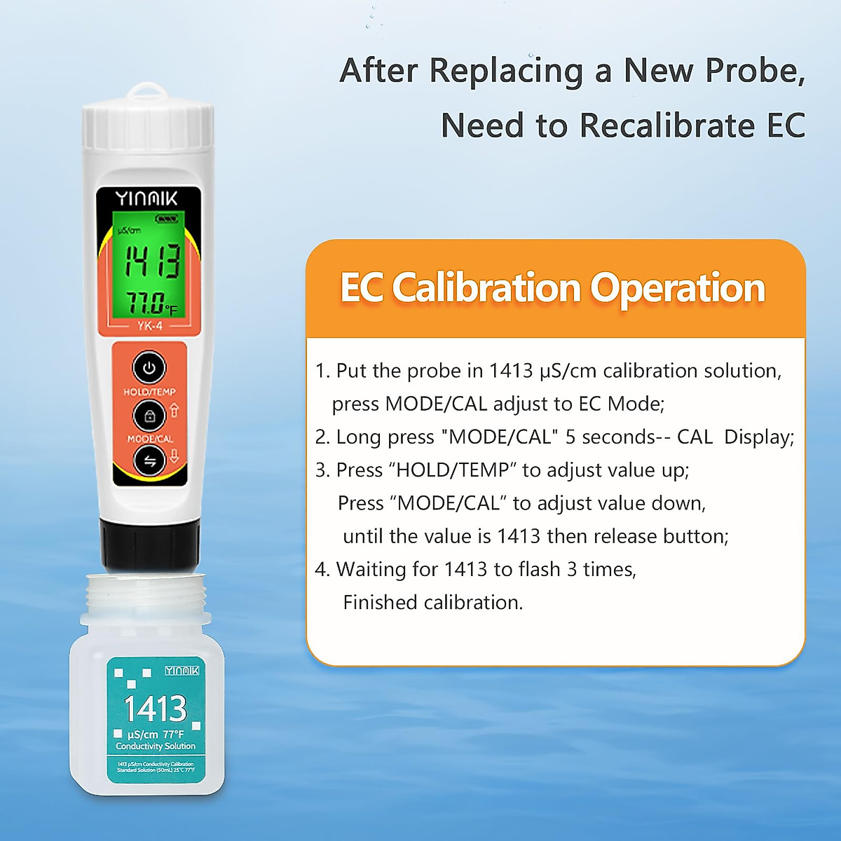 Replacement pH Probe for YINMIK YK-4 pH Meter, pH Electrode with EC Calibration Solution and pH Storage Solution