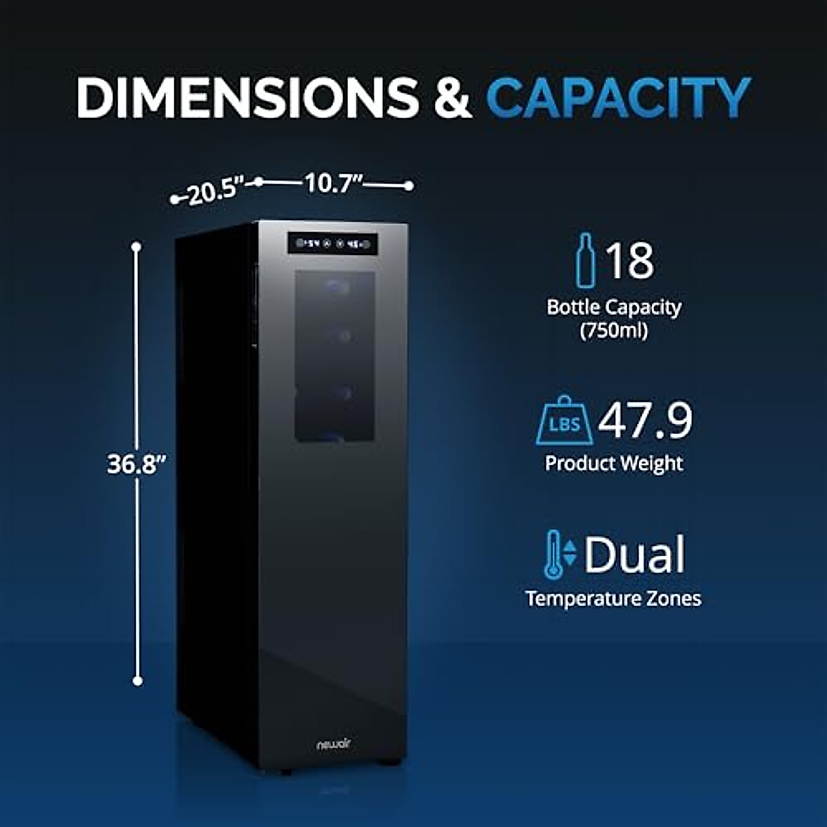 NewAir Shadow-T Series 18 Bottle Thermoelectric Wine Fridge, Dual Temperature Zones, Countertop Wine Refrigerator, Mirrored Compact Wine Cellar, Double-Layer Glass Door Cooler, Vibration-Free