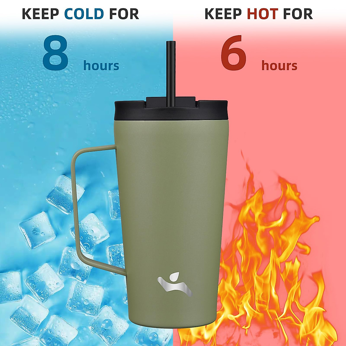 Konokyo Insulated Tumbler with Handle and Straw, 18 OZ Travel Coffee Mug Stainless Steel Cup Metal Water Bottle,Camp Green