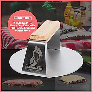 The Sasquash Indestructible Burger Smasher - Professional Grade Wide Flat Handle Smashed Burger Press - Heavy Duty One-Piece Welded Stainless Steel BBQ Griddle and Grill Tool (Square)