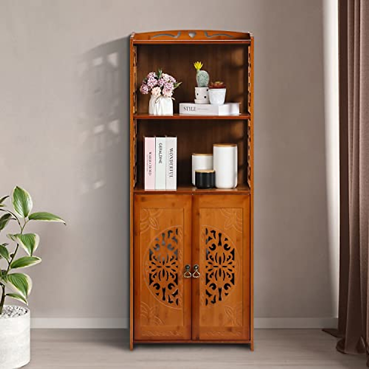 MoNiBloom 4 Tier Bookcase with Storage Cabinet, Bamboo Book Shelves Display Shelf with Carved Door for Home Office Living Room Study Room, Brown