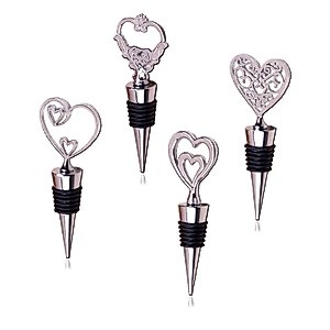 Love Wine Stoppers Cute Heart Shaped Wine Stopper Decoration Metal Zinc Alloy Wine Bottle Stopperr Reusable Wine and Beverage Stoppers (Set of 4)