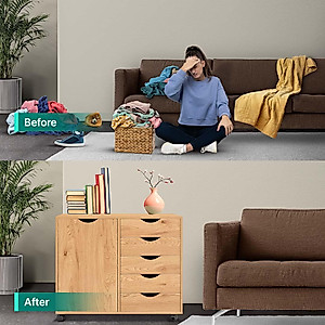 Naomi Home Amy 5 Drawer Chest, Wood Storage Dresser Cabinet with Wheels, Craft Storage Organization, Makeup Drawer Unit for Closet, Bedroom, Office File Cabinet 180 lbs Total Capacity - Natural