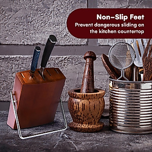 Vdomus Rubber Wood Knife Block - 9x7x3-Inch Universal Knife Holder for Kitchen Counter - Knife Stand Holder with Non-Slip Pad - Knives Storage Block with Large Capacity up to 12 Knives - Brown