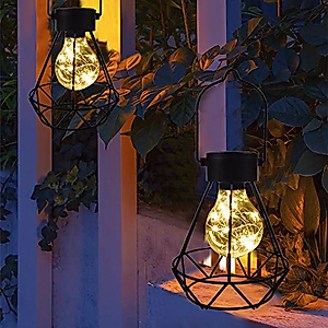 MAGGIFT 2 Pack Hanging Solar Lights, Outdoor Solar Powered Tabletop Lanterns with 15 LED Copper Lights Blub, Waterproof Solar Lantern with Handle for Yard, Lawn, Patio, Garden Decoration, Warm White