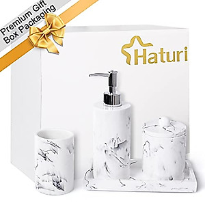 Haturi Bathroom Accessory Set, 4 Pcs Marble Look Bathroom Accessories Sets Complete With Soap Dispenser, Toothbrush Holder, Apothecary Jar, Tray, Home Apartment Modern Bathroom Decor Vanity Countertop