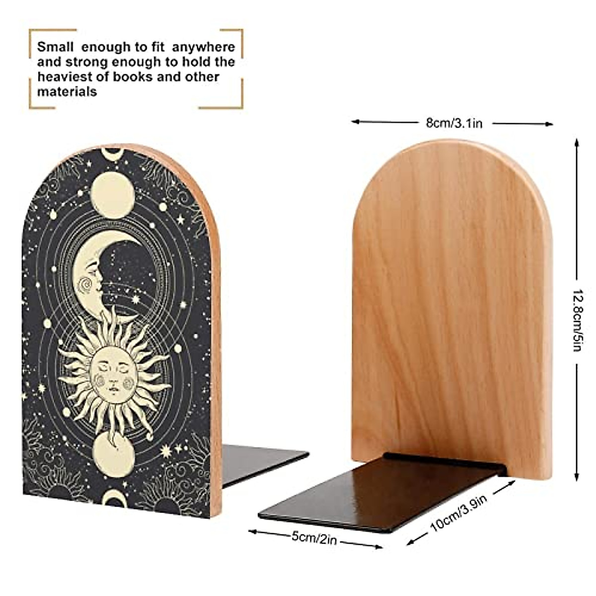 NFGSE Book Ends, Mystical Sun Face Moon Crescent Magic 2 Pcs 5 X 3 Inch Modern Home Decorative Bookends for Shelves, Fashion Design Wood Book Stopper for Heavy Books Office School Home Kitchen Planets