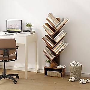 Hoctieon 6 Tier Tree Bookshelf, 6 Shelf Bookcase with Drawer, Modern Book Storage, Free Standing Tree Bookcase, Utility Organizer Shelves for Home Office, Living Room, Bedroom, Rustic Brown