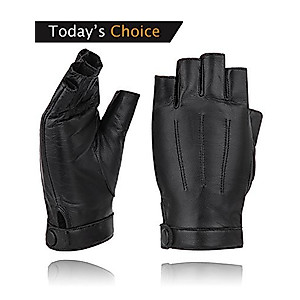 YISEVEN Women's Classic Sheepskin Leather Fingerless Gloves Lined Classic Soft Sheepskin 1/2 Half Finger Button Punk Motorcycle Cycling Fitness Touchscreen Warm Winter Gift, Black 7.5"/Large