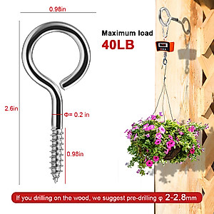 Kalekey 2.6inch Screw Eyes Heavy Duty Screws Eye Bolts Stainless Steel Eye Hooks Self Tapping Eyelet Screw for Wood Indoor & Outdoor Use(Sliver 40PCS)