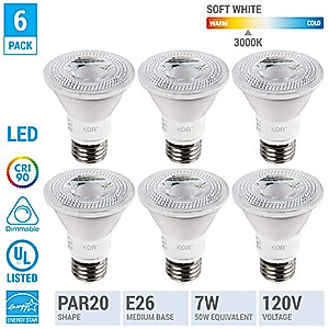 KOR (Pack of 6) LED PAR20 Light Bulbs, 8W (Replaces 50W 50PAR20), 3000K Soft White, E26 Base, Dimmable, Waterproof Indoor/Outdoor Use, UL & Energy Star
