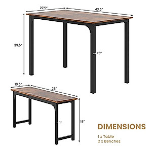 Tangkula 3-Piece Dining Table Set, Rectangular Kitchen/Dining Table with 2 Benches, Metal Frame, Space-Saving Furniture, Modern 4-Person Dinette for Kitchen, Dining Room