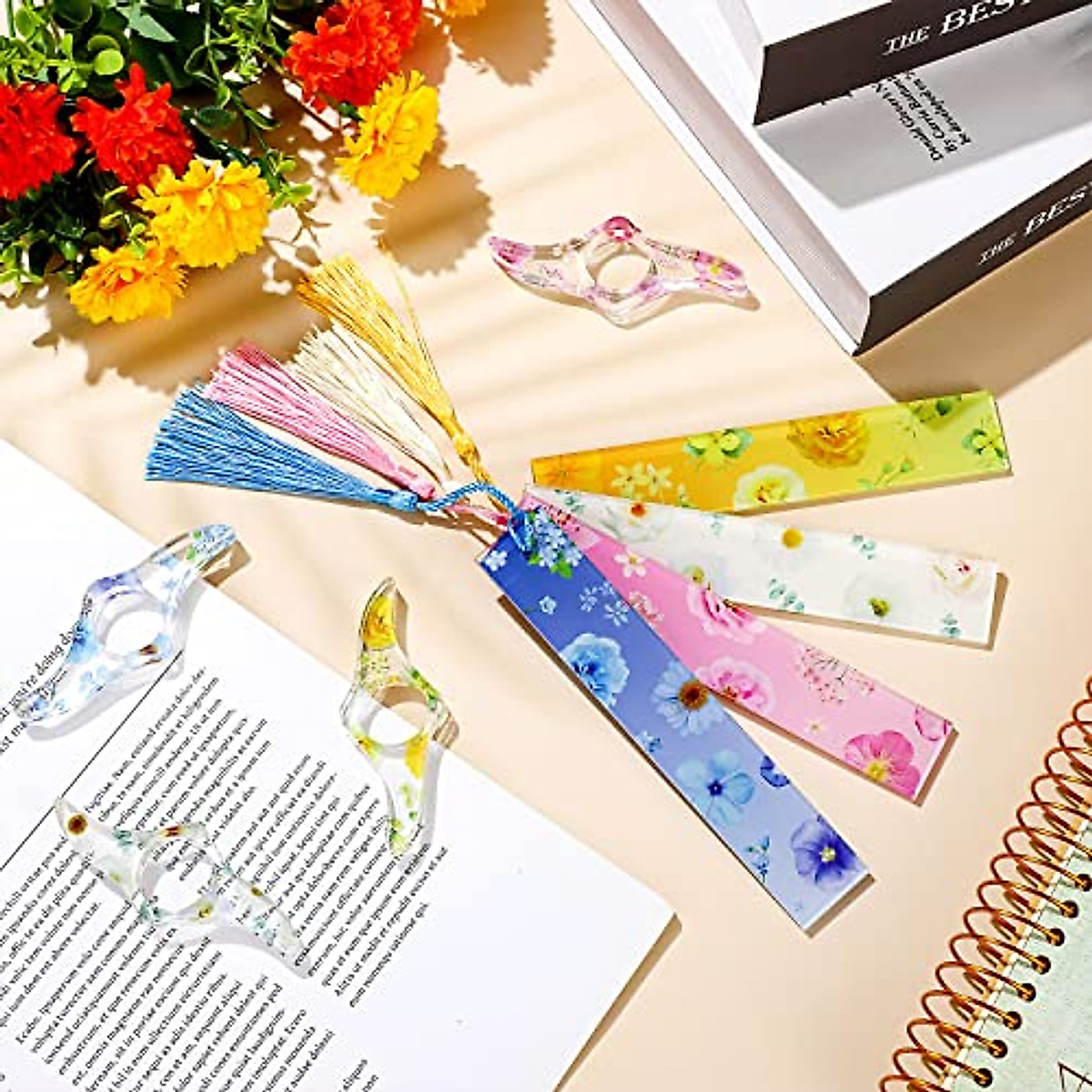 8 Pieces Flower Acrylic Bookmarks Book Page Holder Floral Bookmarks with Colorful Tassels Thumb Ring Page Holder Transparent Page Holders for Reading Students Teachers Book Lovers Women