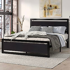 SHA CERLIN Full Size Bed Frame with Modern Wooden Headboard/Heavy Duty Platform Metal Bed Frame with Square Frame Footboard & 13 Strong Metal Slats Support/No Box Spring Needed, Black