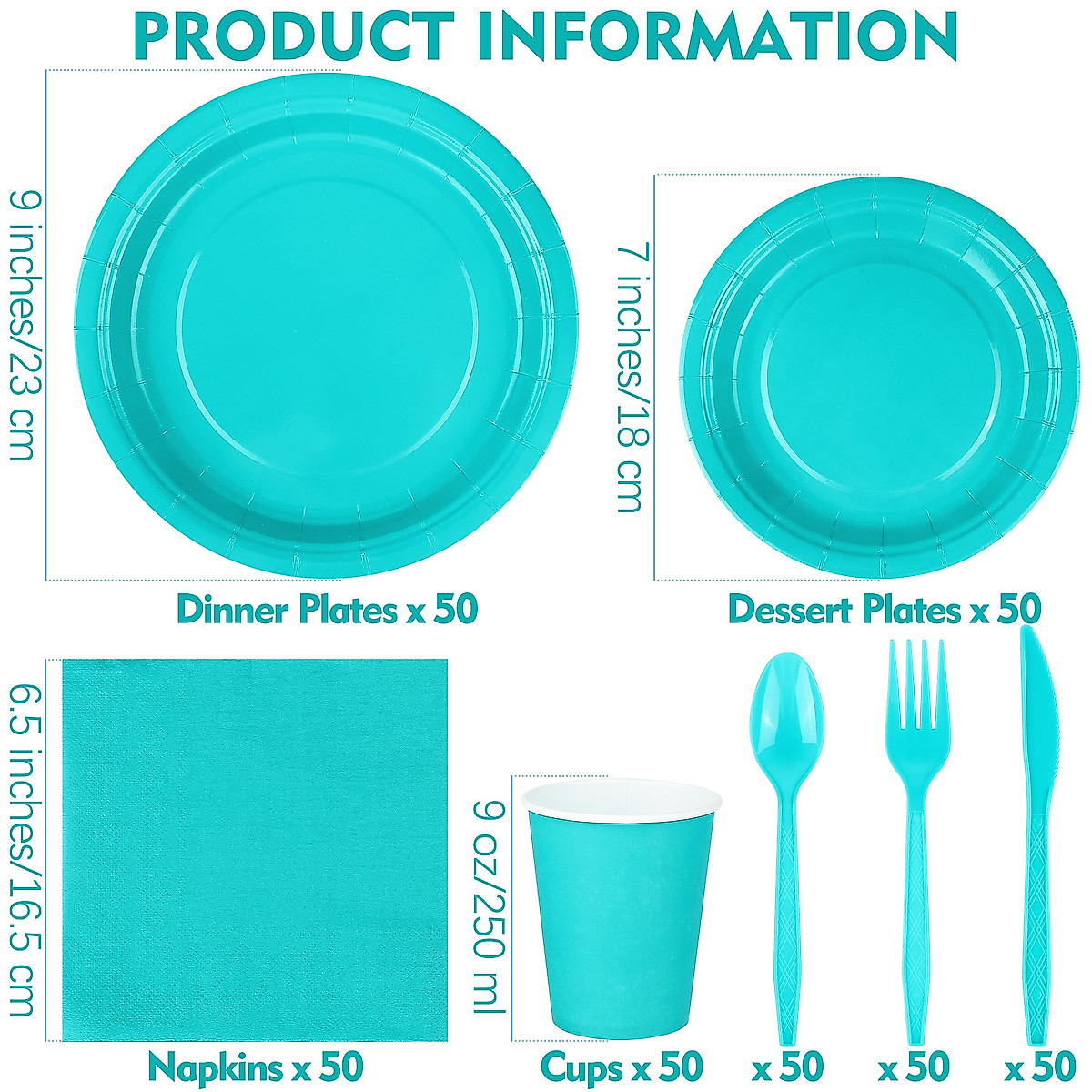 durony 350 Pieces Teal Blue Party Supplies Teal Blue Dinnerware Set Paper Plates Cup Napkins Serve 50 Guests for Birthday Wedding Baby Shower Party Family Picnic