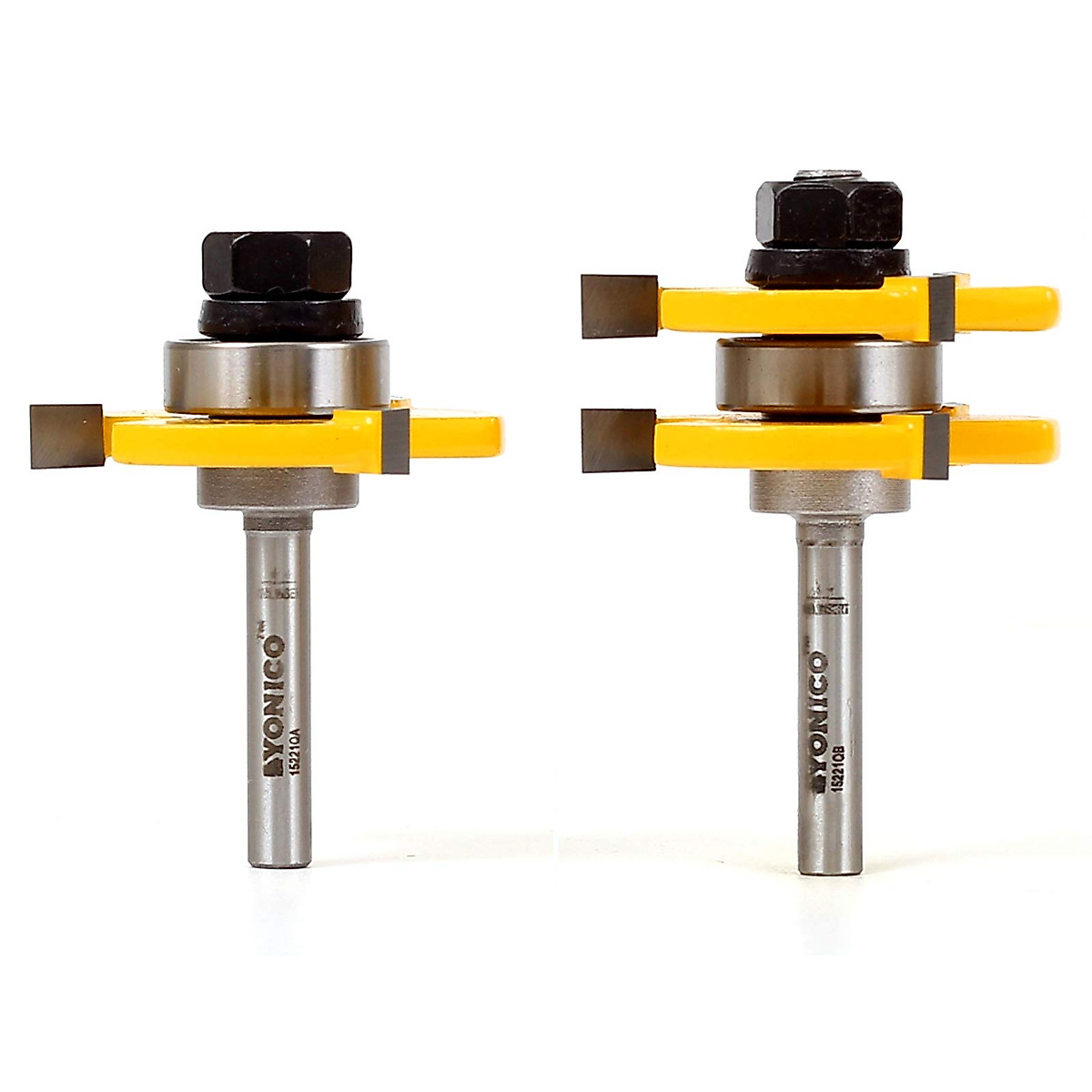 YONICO Tongue and Groove Router Bits Set Up to 3/4-Inch Stock 1/2" Cutting Depth 2 Bit Set 1/4-Inch Shank for Edge-to-Edge Hardwood Flooring, Paneling, Cabinet Door, Plywood Sheathing 15221q