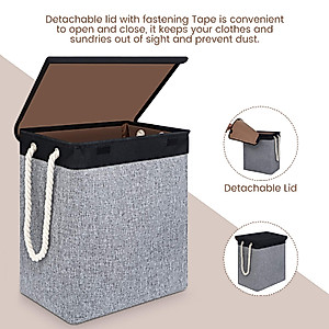 Laundry Hamper with Lid, Large Linen Laundry Basket with Handles, Waterproof Lining Dirty Clothes Hamper for Bathroom Bedroom Dorm Nursery Organization (Grey)