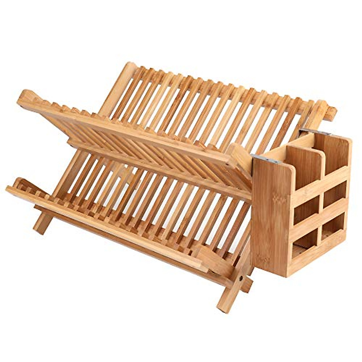 Lawei Bamboo Dish Drying Rack with Utensil Holder - Collapsible Dish Drainer Foldable Dish Rack Bamboo Plate Rack for Plates, Cups, Mugs, Utensil, Flatwares