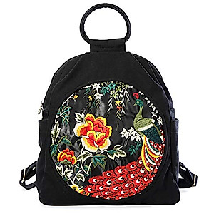 Jursccu Women Casual Backpack Fashion Vintag Embroidered Backpack, Travel Backpack Canvas Shoulder Bag Handbag