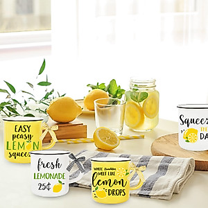 Whaline Summer Lemon Mini Coffee Mug with Ribbon Lemon Fresh Squeeze Mini Drinking Mug Yellow White Summer Tiered Tray Decor for Table Centerpieces Decor Housewarming Gift, 4Pcs