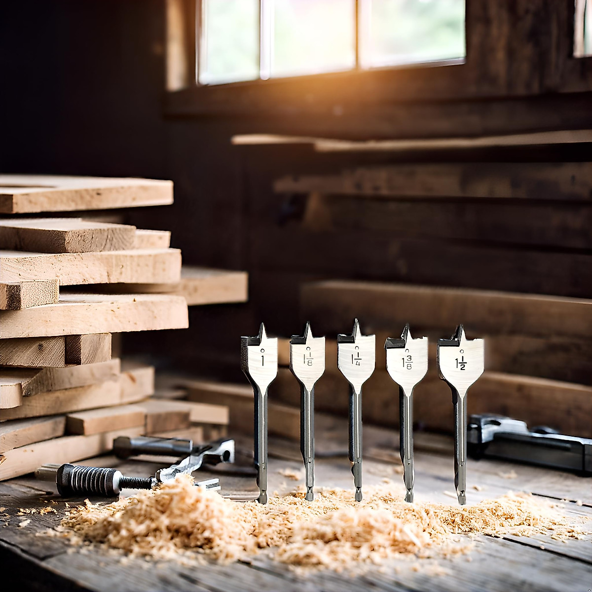 BlueNatHxRPR 5 PCS 1" to 1-1/2" Wood Spade Drill Bit Set Wood Paddle Flat Bits