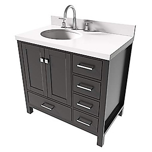 ARIEL Bathroom Vanity 37" Inch in Espresso with Pure White Quartz Counter-top, Left Offset Oval Sink, 2 Soft Closing Doors and 5 Full Extension Dovetail Drawers, No Mirror