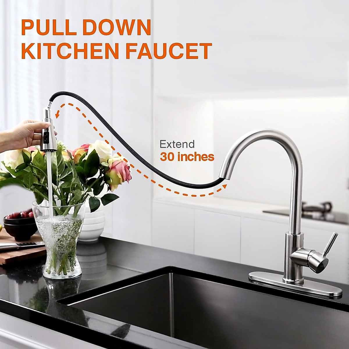 RULIA Brushed Nickel Kitchen Faucet, Kitchen Sink Faucet, Sink Faucet, Pull-Down Kitchen Faucet, Bar Kitchen Faucet, RV Kitchen Faucet, RB1040