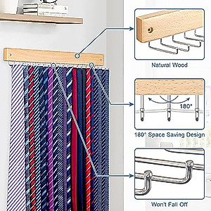 Tie Rack Wall Mounted, Natural Wood Tie Organizer Holds 20 Ties/Belt/Purse, Tie and Belt Organizer with/ 360° Rotatable Hooks,Screw Nail, Ideal for Installation on Wall、Door、Closet, 1 Pack, Natrual