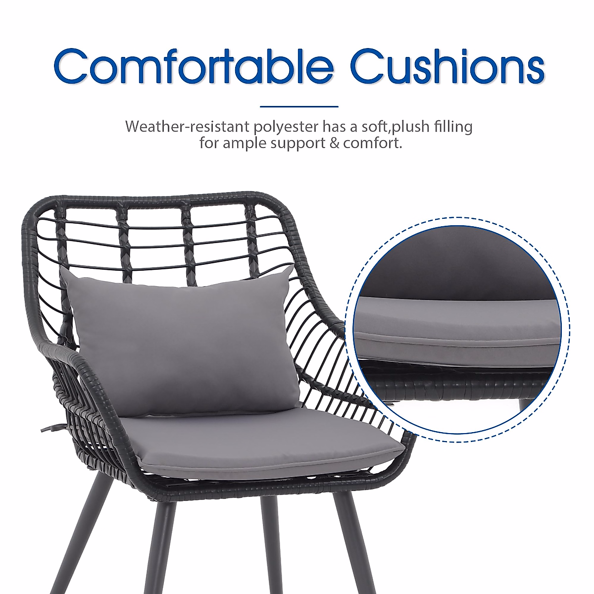 wOod-it 3 Piece Patio Set, Outdoor Wicker Conversation Chair Sets, All-Weather Rattan Bistro Furniture Set with Glass Top Table, Cushions & Lumbar Pillows for Porch Balcony Deck Backyard Poolside