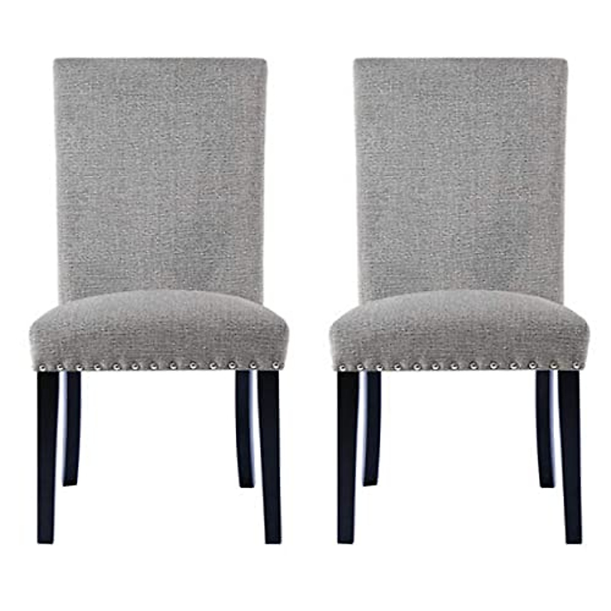 Cui Liu Owen Upholstered Dining Chair – Armless Dining Chair in Grey Linen with Black Wooden Leg and Shiny Silver Nailhead (Set of 2)