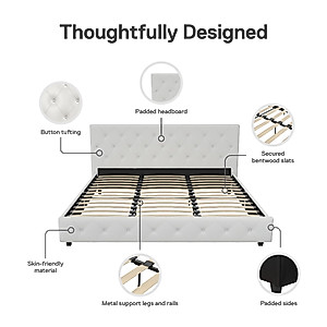 DHP Dakota Upholstered Platform Bed with Diamond Button Tufted Headboard and Footboard, No Box Spring Needed, King, White Faux Leather