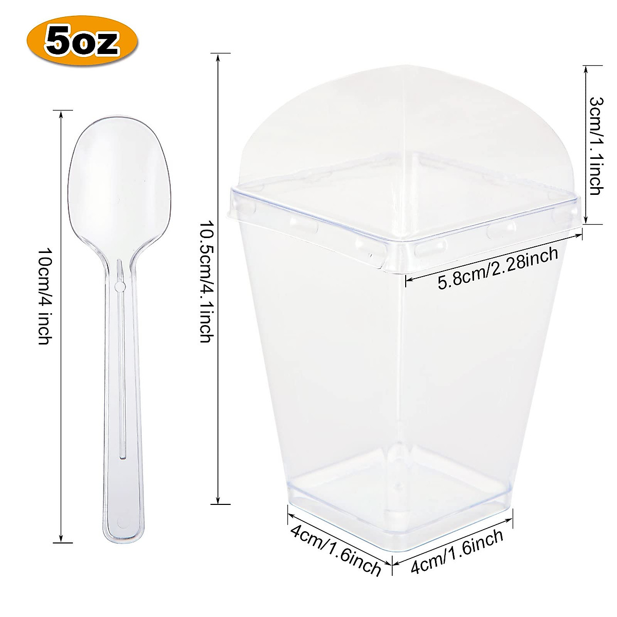 WOPPLXY 100 Pack 5 oz Plastic Dessert Cups with Lids and Spoons, Square Clear Plastic Appetizer Cups for Party, Parfait Cups, Mini Dessert Cups for Pudding Fruit and Ice Cream
