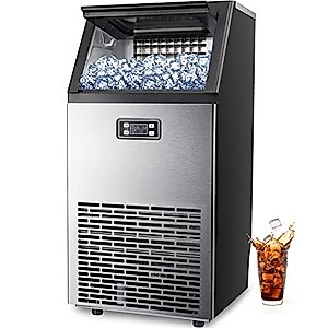 Kismile Commercial Ice Maker, Freestanding Square Ice Cube Maker 100lbs/24h, 28lbs Storage Bin, Full Heavy Duty Stainless Steel Construction, Ice Maker Machine for Home Bar