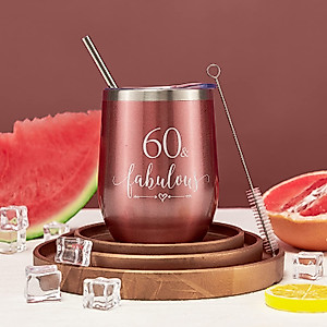 Crisky Rose Gold 60 & Fabulous Wine Tumbler for Women 60th Birthday Gifts for Women, Wife, Mom, Sister, Aunt, Friends, Coworker Her, Vacuum Insulated Coffee Cup,12oz with Box, Lid, Straw