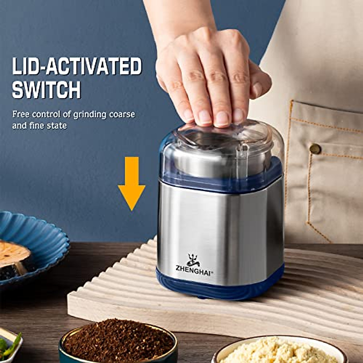 ZHENGHAI Electric Herb Grinder 200w Spice Grinder Compact Size, Easy On/Off, Fast Grinding for Flower Buds Dry Spices Herbs, with Pollen Catcher and Cleaning Brush (Stainless Steel & Blue)