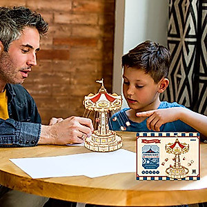 ROKR 3D Puzzles Wooden Music Box Kit with LED, Rotating Swing Ride Mechanical Model Kit DIY Wood Craft Hobbies Kit for Adults Birthday for Boys/Girls