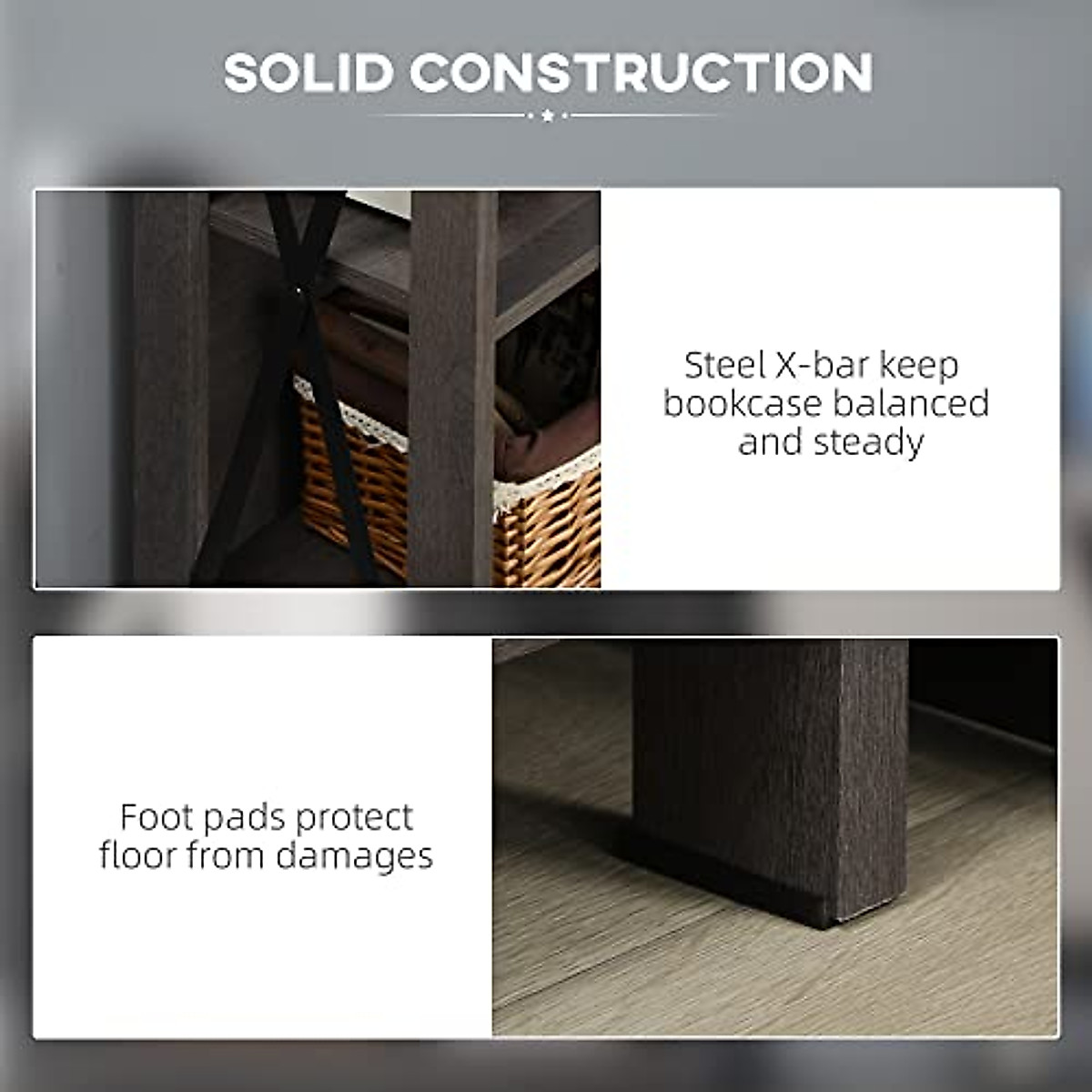 HOMCOM Industrial Style Corner Open Bookshelf with Storage Shelves and Metal X Bar Frame for Living Room, Dark Grey