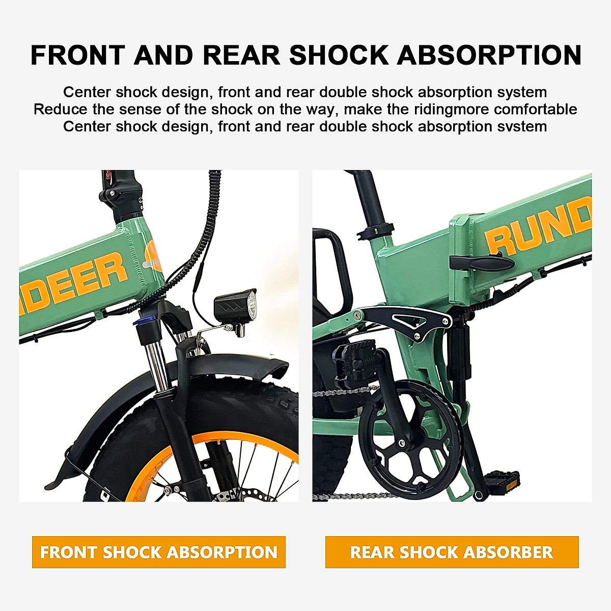 RUNDEER 750W Adult Electric Bicycle, 20 inch Fat tire Aluminum Frame, Maximum Speed of 32 Miles per Hour with Samsung High Performance Batteries 48V Front and Rear Shocks Absorption（Green）