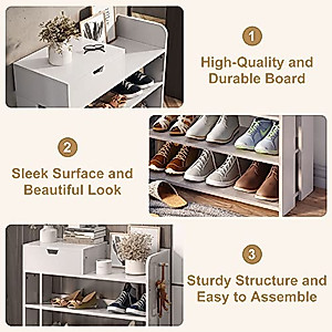 BURENMTO 5-Tier Wooden Storage Organizer, 29.5" Wide Vertical Shoe Rack for Closet Large Entryway Shoe Rack 15 Pairs Corner Tall Organizer Shoe Shelf with Drawer